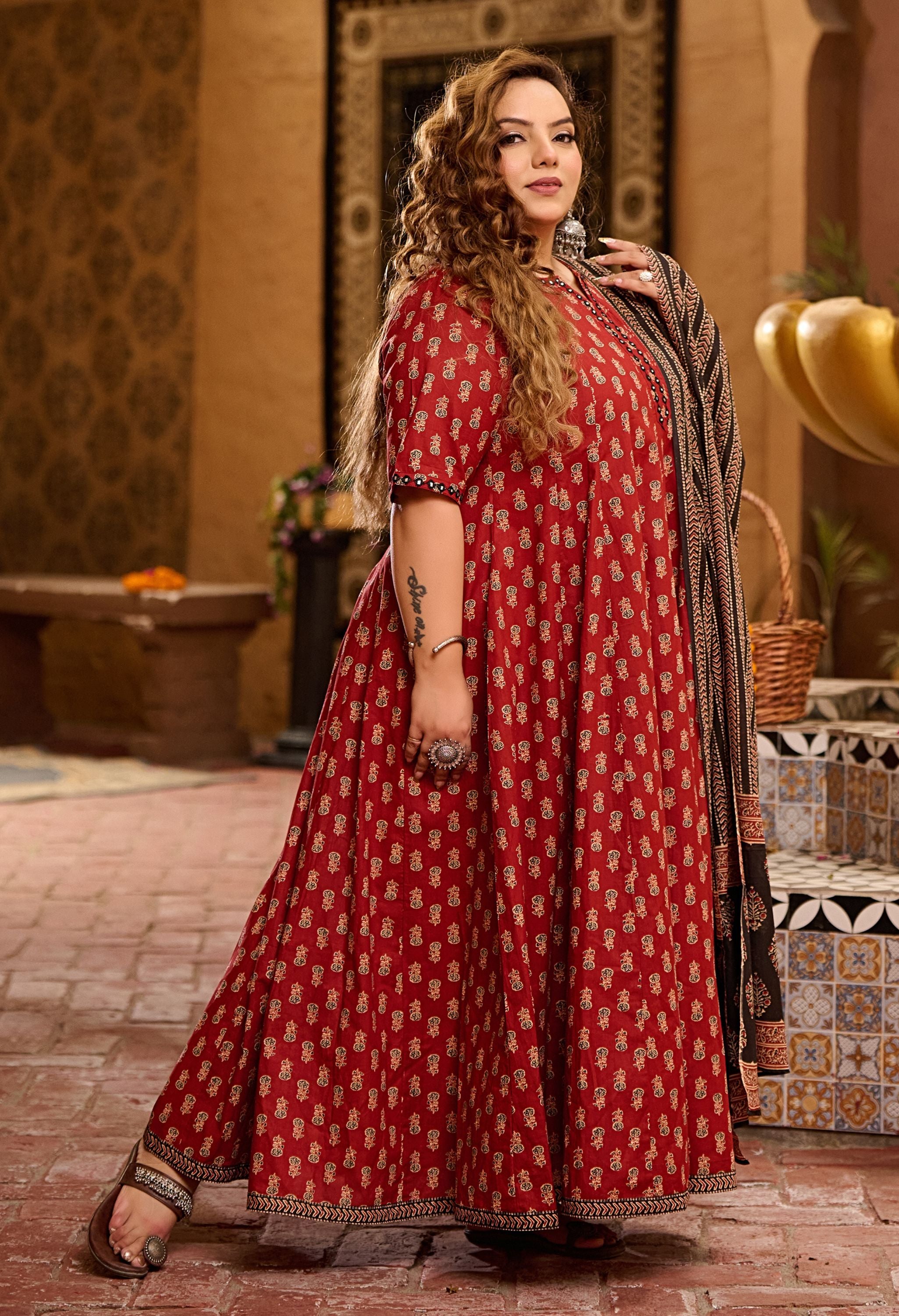 Plus Size Bright Maroon Pure Cotton Jaipuri Anarkali with Dupatta ...