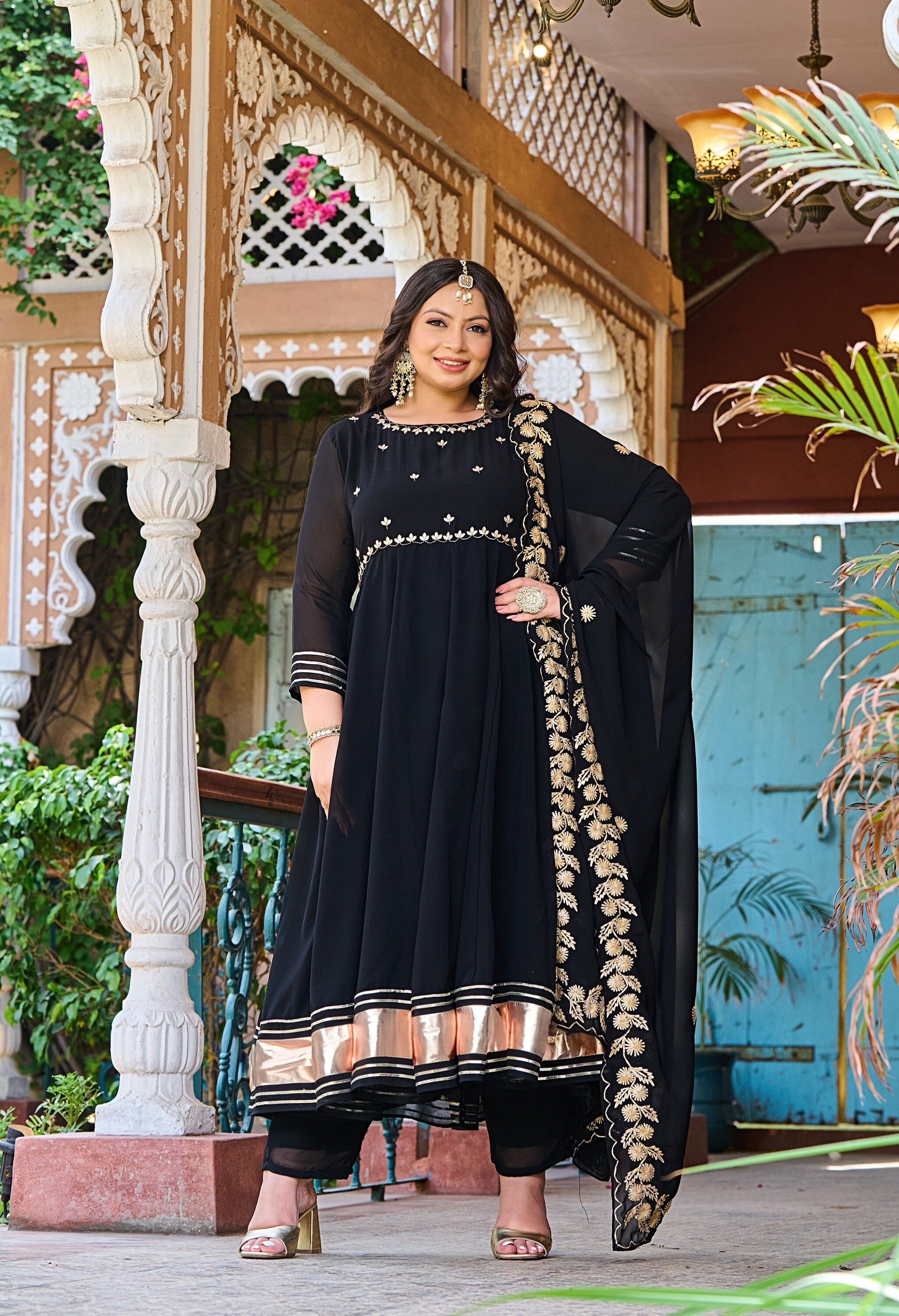 Plus Size Black Georgette Gota Patti Anarkali Set with Dupatta ...