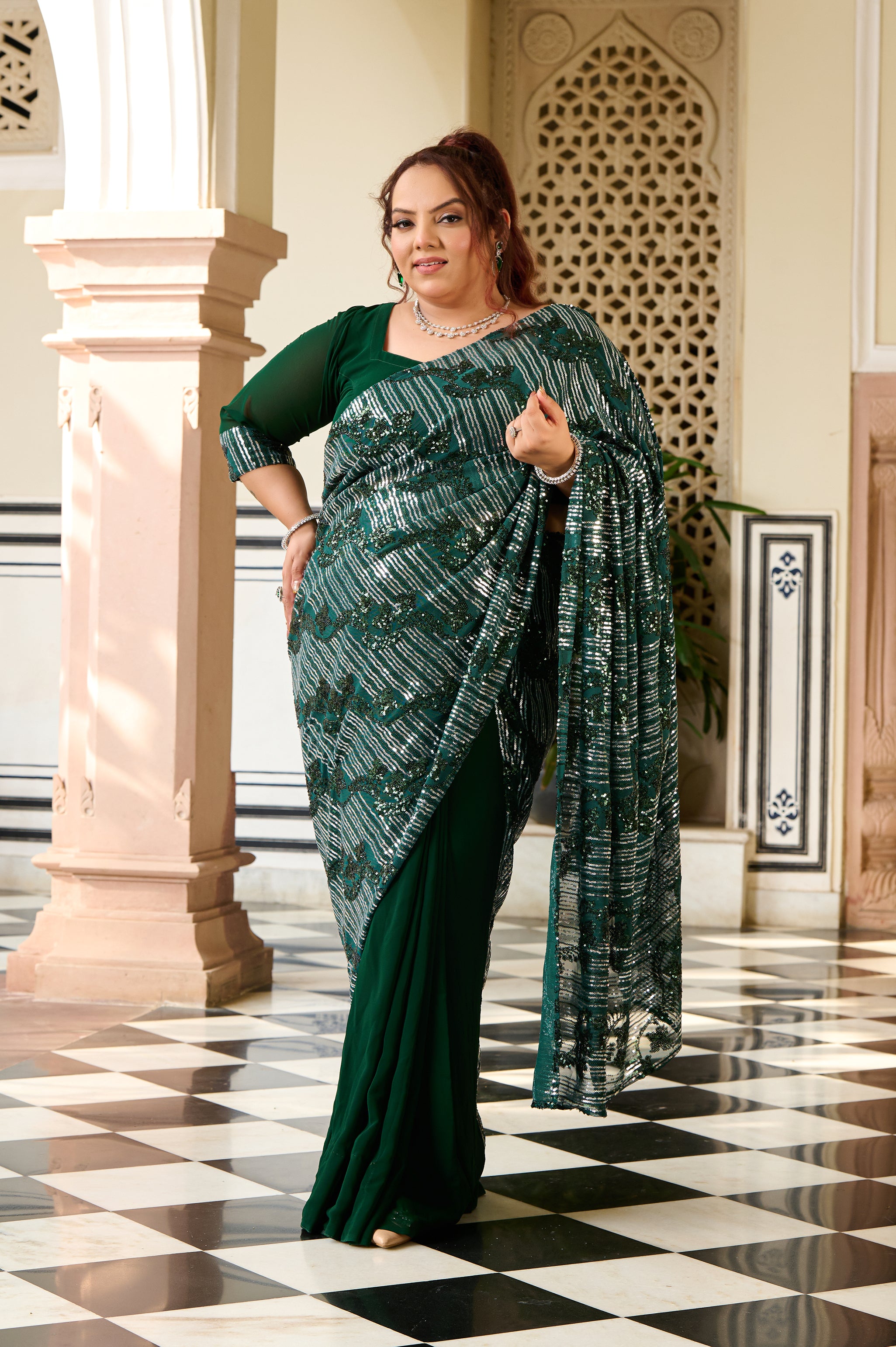 Plus Size Emerald Sequin Ready-to-Wear Drape Saree with Stitched Blous ...