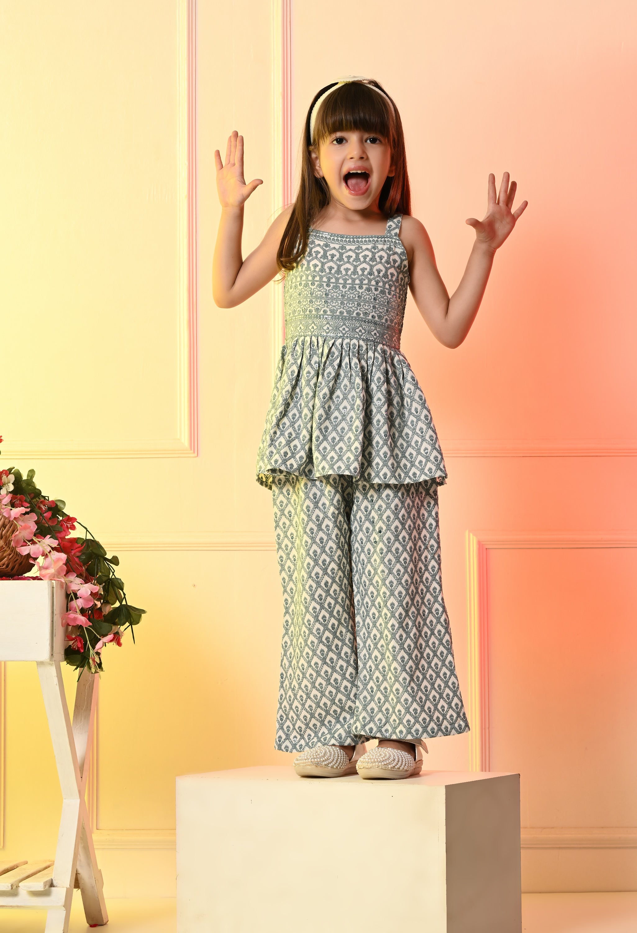 Girls White and Blue Peplum Embroidered Bell Bottom Set – DESINOOR.COM