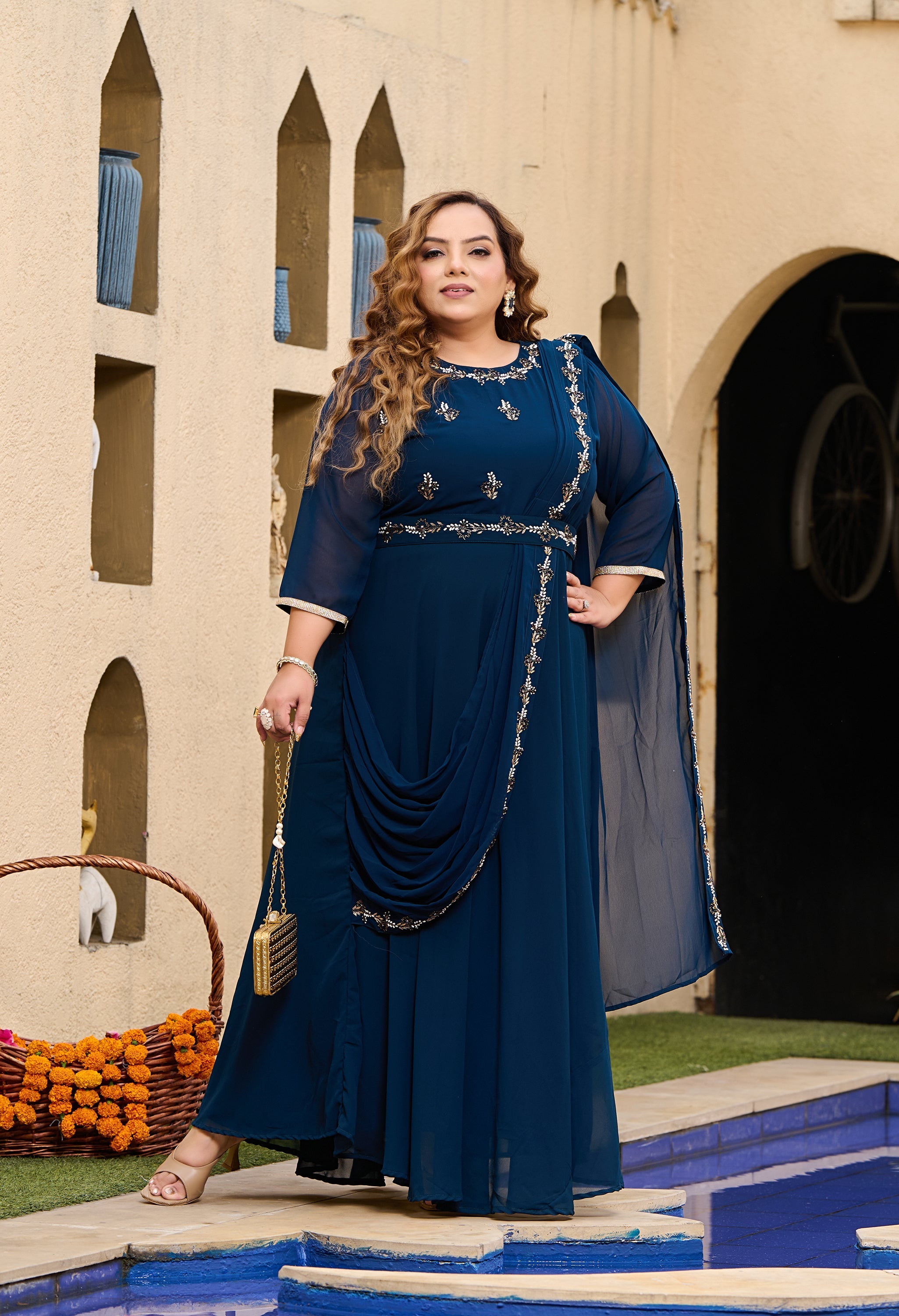 Plus Size Cosmic Teal Blue Hand Work Georgette Drape Saree with Belt ...