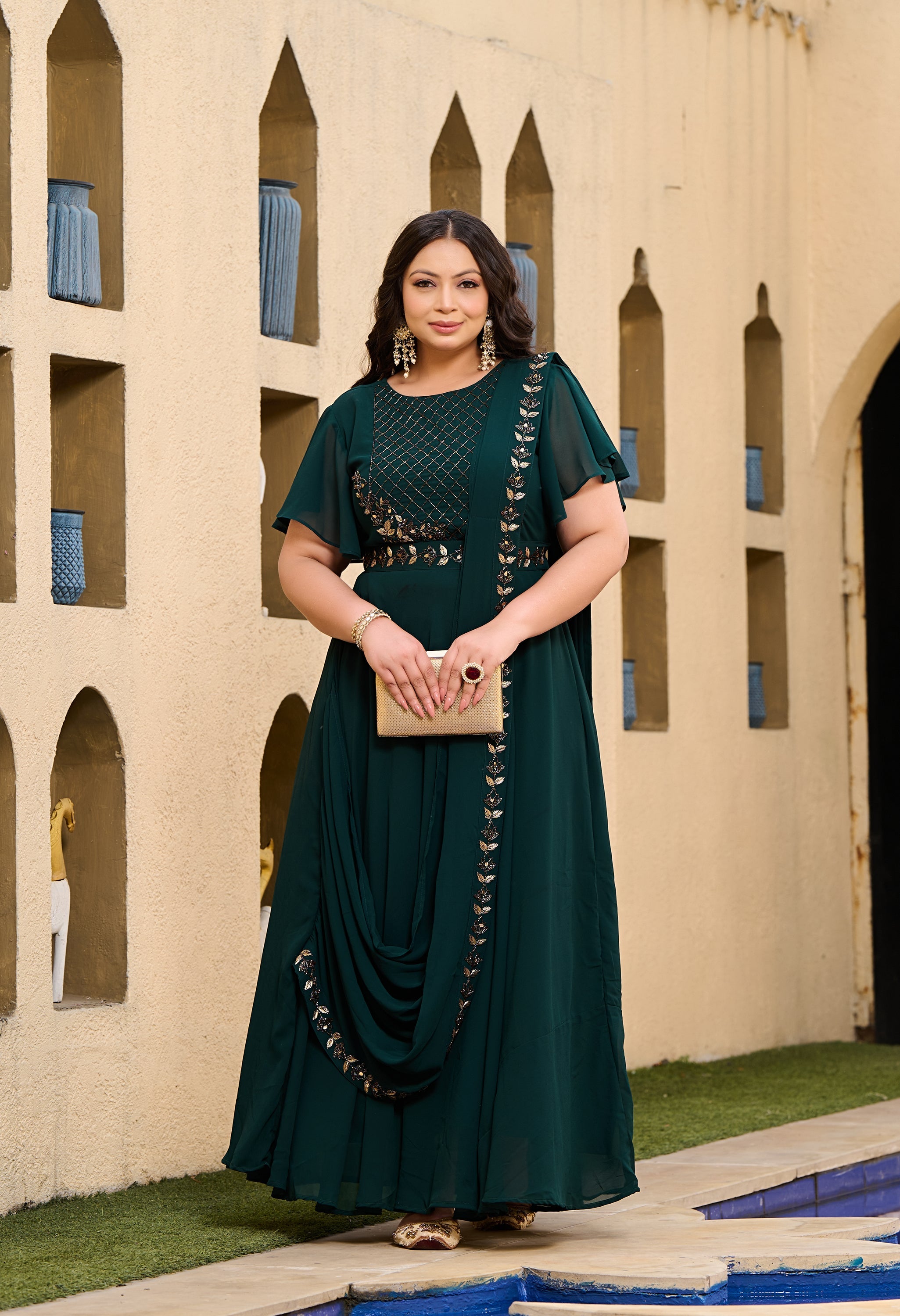 Plus Size Sizzling Bottle Green Embellished Georgette Drape Saree with ...