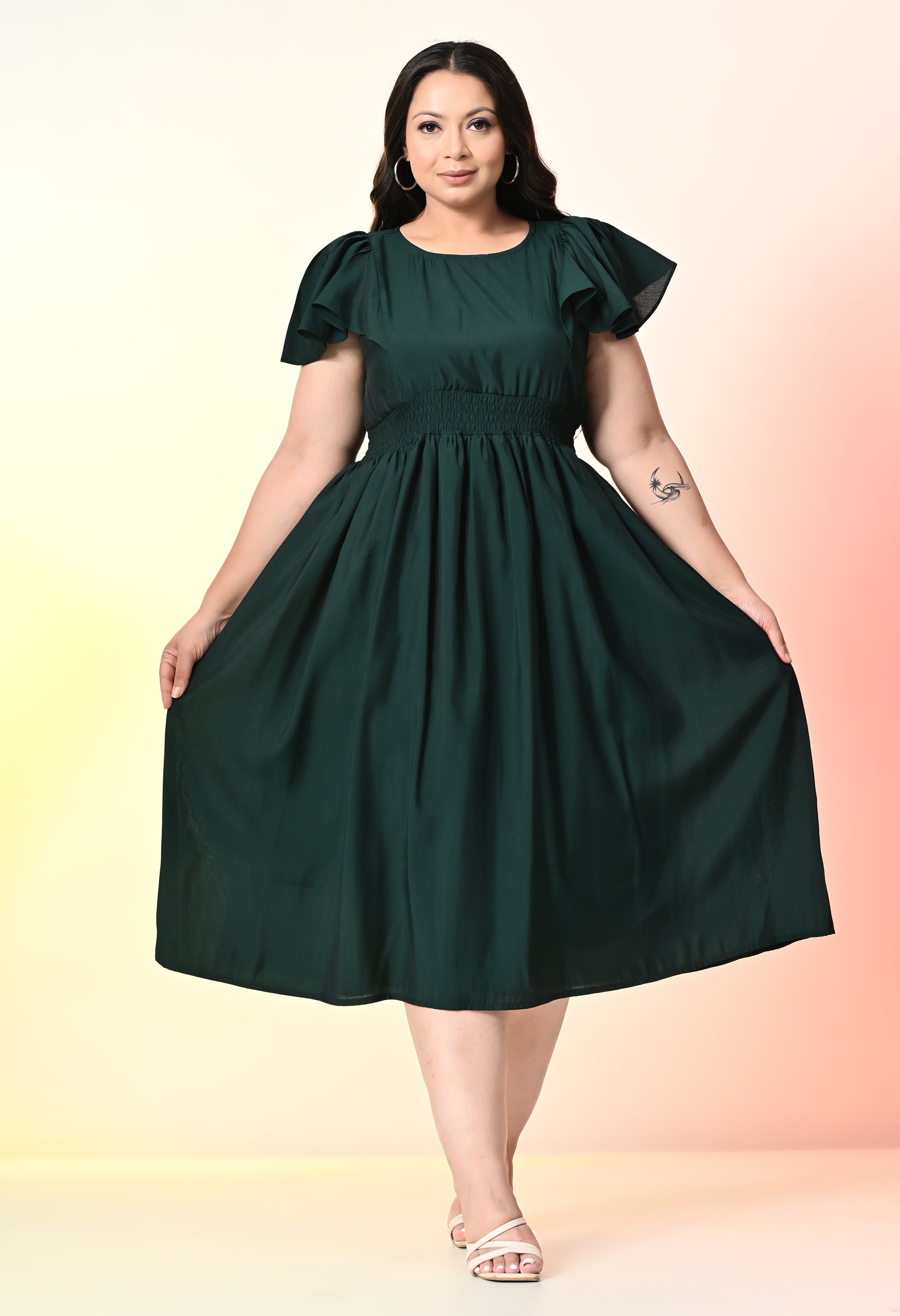 Plus Size Bottle Green Smocked Midi Dress – DESINOOR.COM
