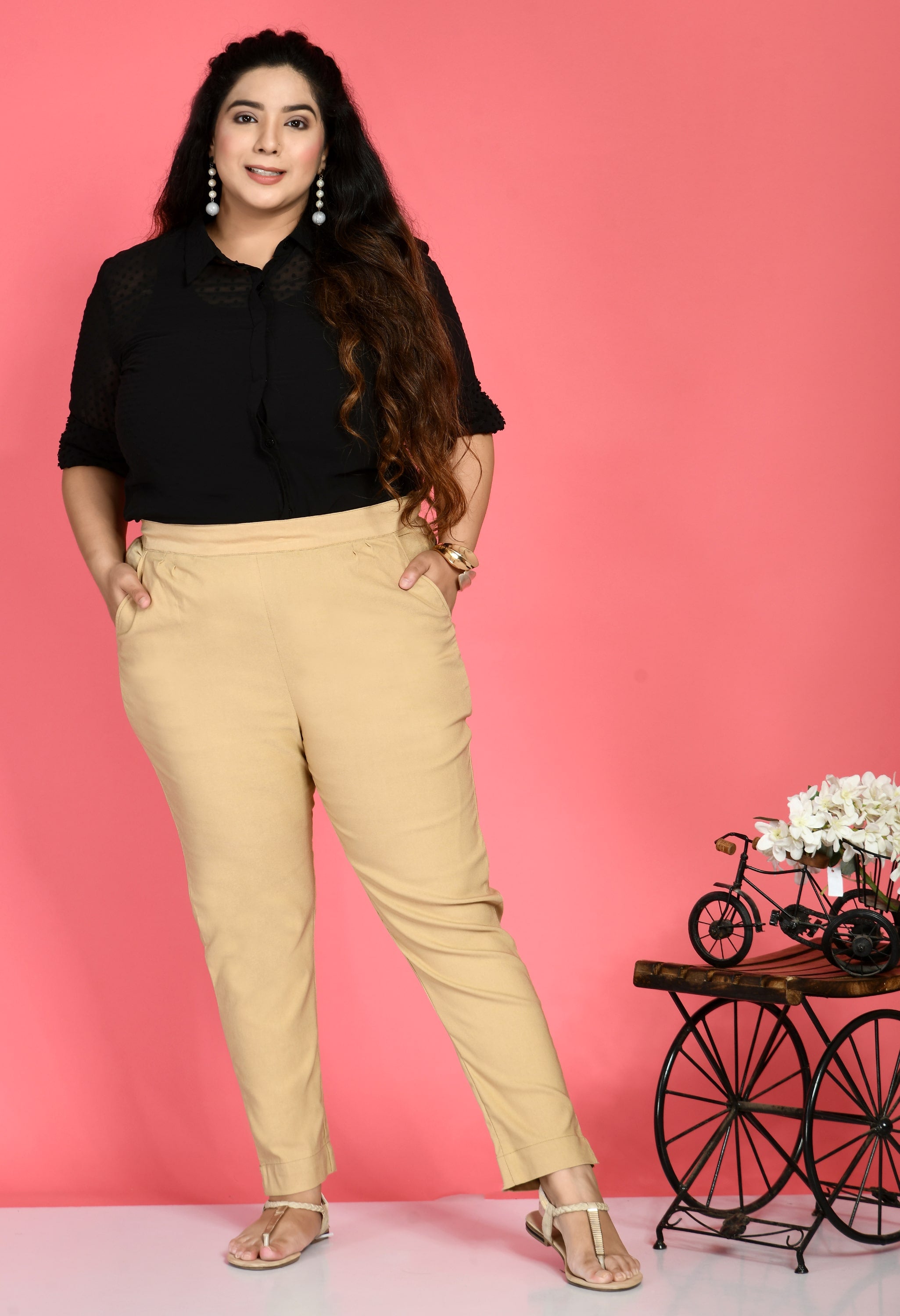 Plus Size Plus Size Beige Lycra Trousers – DESINOOR.COM